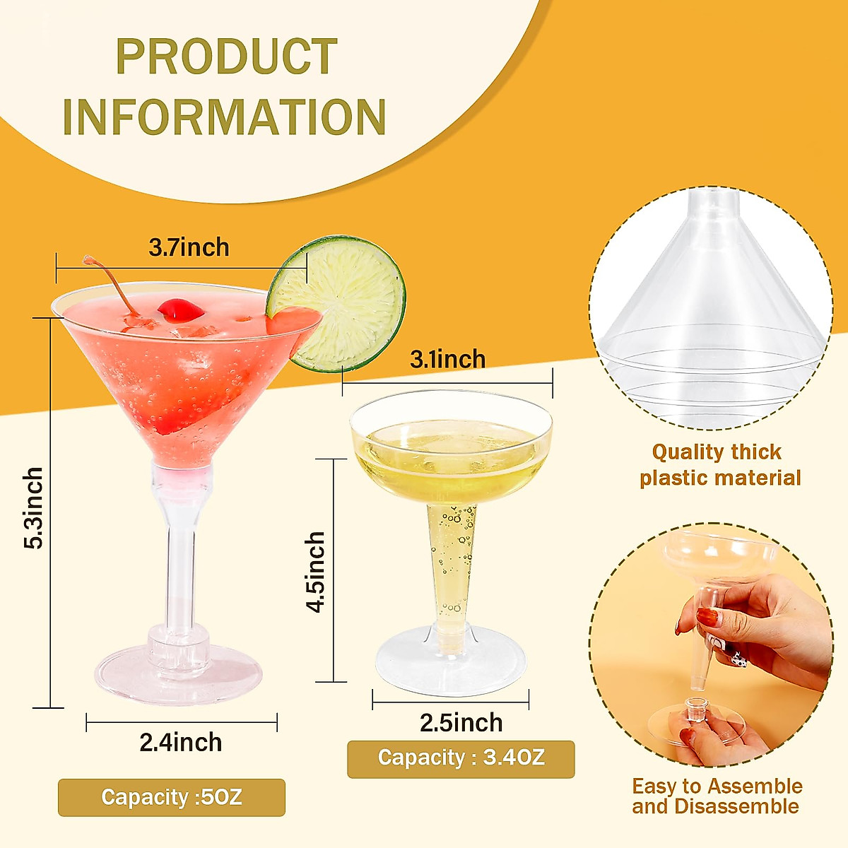 KesaPlan 50 Pack 2 Style Plastic Martini Glasses Disposable Cocktail Glasses 5/3.4 oz Martini Plastic Cocktail Glasses Ice Cream Dessert Cups for Appetizer, Outdoor Parties, Weddings, Home Party