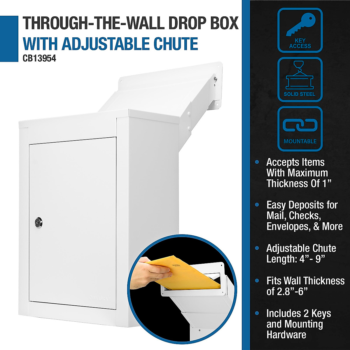 Barska CB13954 Through-The-Wall Mail Drop Box with Adjustable Chute with Key Lock, for Home & Office Document Cash Deposit Retrieval