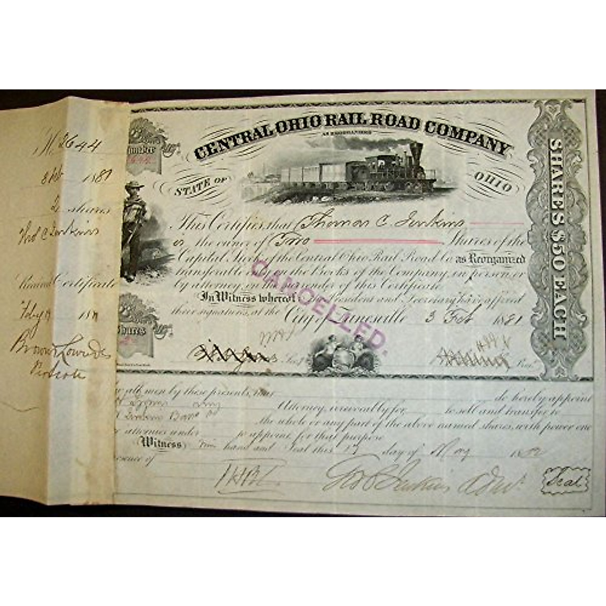 1877 RARE ORIGINAL CENTRAL OHIO RAILROAD (ZANESVILLE) STOCK CERTIFICATE w MULTIPLE SIGNATURES Various Share Amounts Extremely Fine