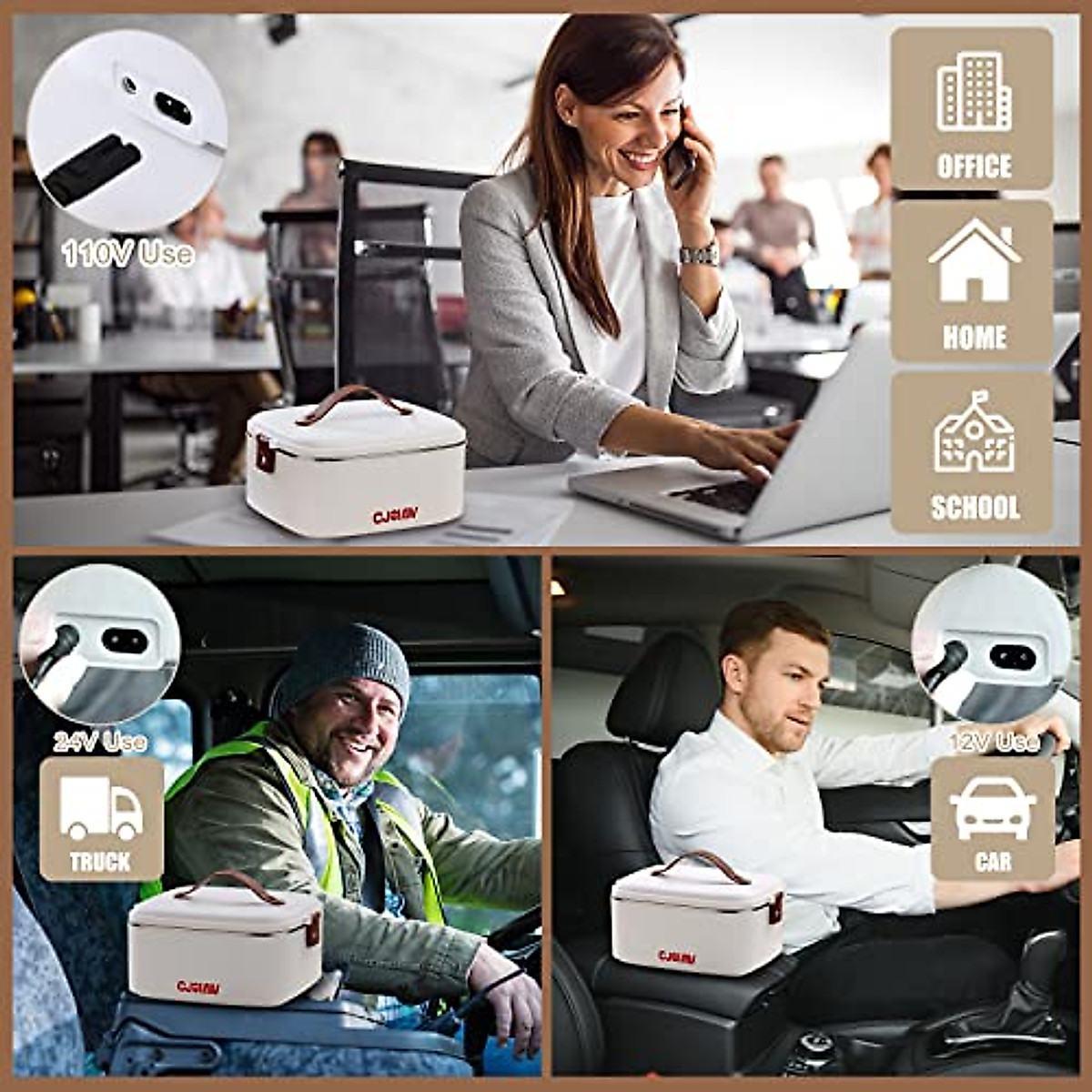 CJOIAW Electric Heated Lunch Box Portable Food Heater 1.8L High capacity 304 Stainless Steel Container food grade liner for Car Truck Work Adults Food Heating, 110V/12V/24V 70W.