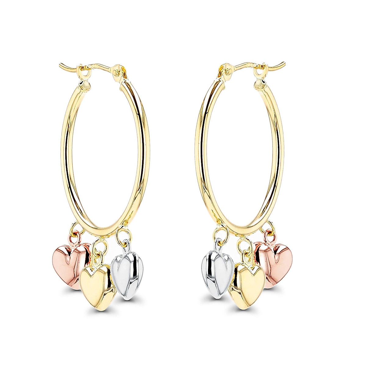 14K Tri-Color Gold Dangling Hearts Hoop Earring