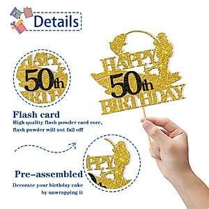 Fisherman Happy 50th Birthday Cake Topper - Fishing 50th Birthday Cake Decor Supplies - Fishing Enthusiasts 50th Birthday Party Decorations - Gold Glitter (50th)