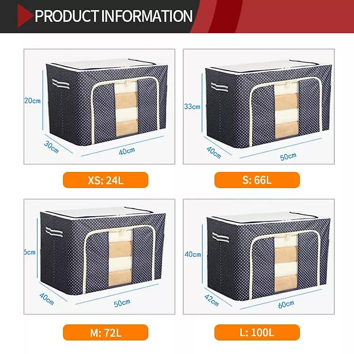 2 Pack 24L Clothes Storage Bins - Foldable Metal Frame Storage Box, Stackable Oxford Fabric Container Organizer Set, With Clear Window, Sheet Organizers and Storage Box