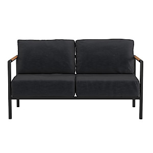 EMMA + OLIVER Black Aluminum Frame Loveseat with Teak Arm Accents and Charcoal Cushions