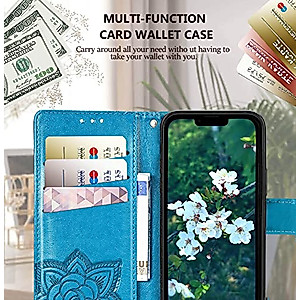 Designed for iPhone 13 Case Wallet for Women,Flip Folio Cover with Butterfly Embossed PU Leather Kickstand Credit Card Holder Slots Magnetic Wrist Strap Protective Phone Case for iPhone 13 (Blue)