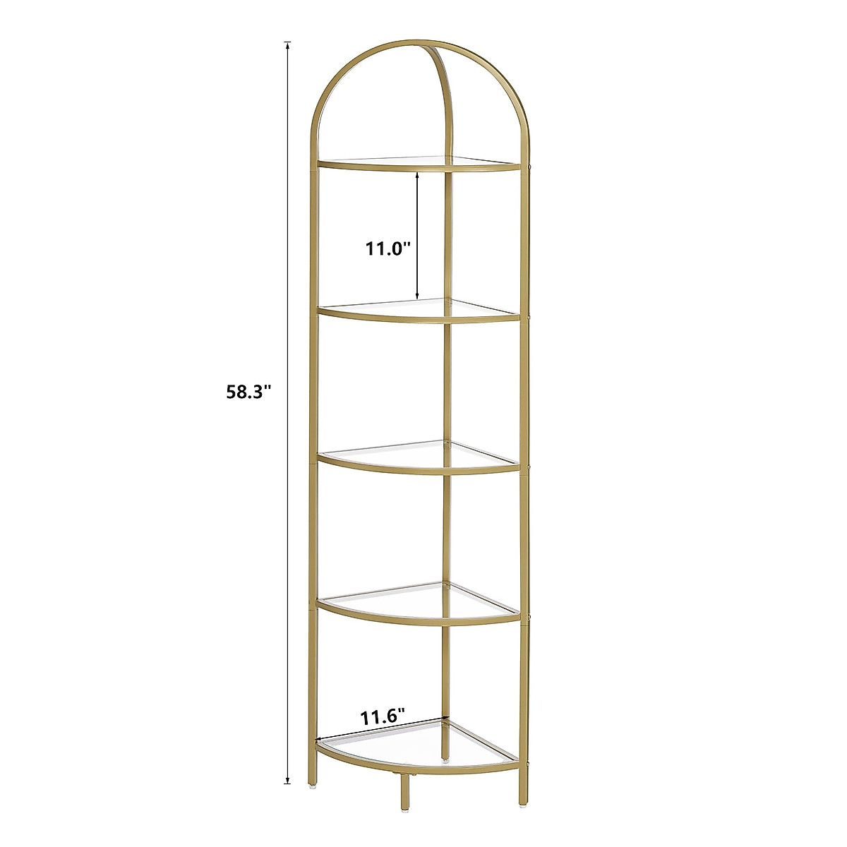 Homhedy 5-Tier Corner Shelf Stand, Metal Corner Bookshelf, Tempered Glass Shelves, Bathroom Storage Rack Shelf, Plant Stand, Modern Style,Golden