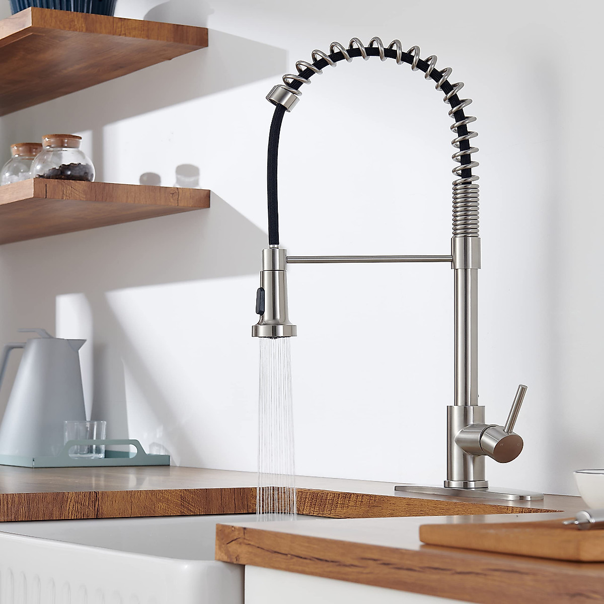 Modern Pull Down Single Handle Kitchen Faucets with Supply Lines and Deck Plate, Brushed Nickel