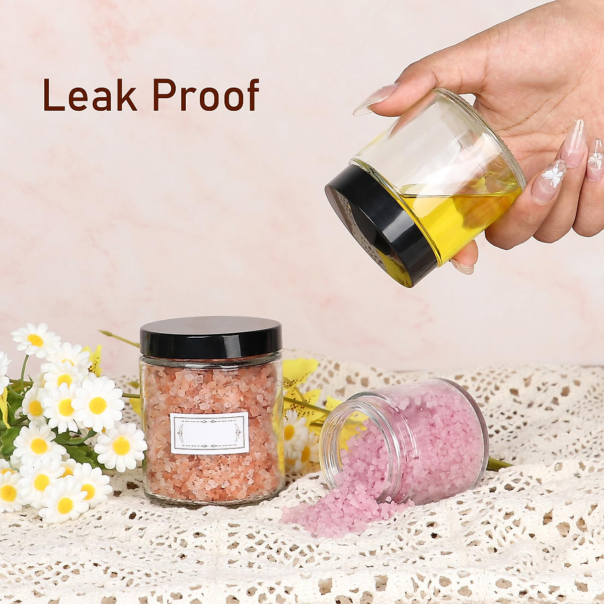 24 Pack 4 oz Glass Jars with lids, Clear Cosmetic Jars with Inner Liners and Black Lids, Lotion Jars, Candle Making Jars for Lotions, Scrubs and Cosmetic, Lables and Spatulas Include