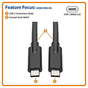 Tripp Lite USB C to USB Type C Cable 6ft USB 3.1 Gen 1 5A 5 Gbps M/100W, Black (U420-006-5A)