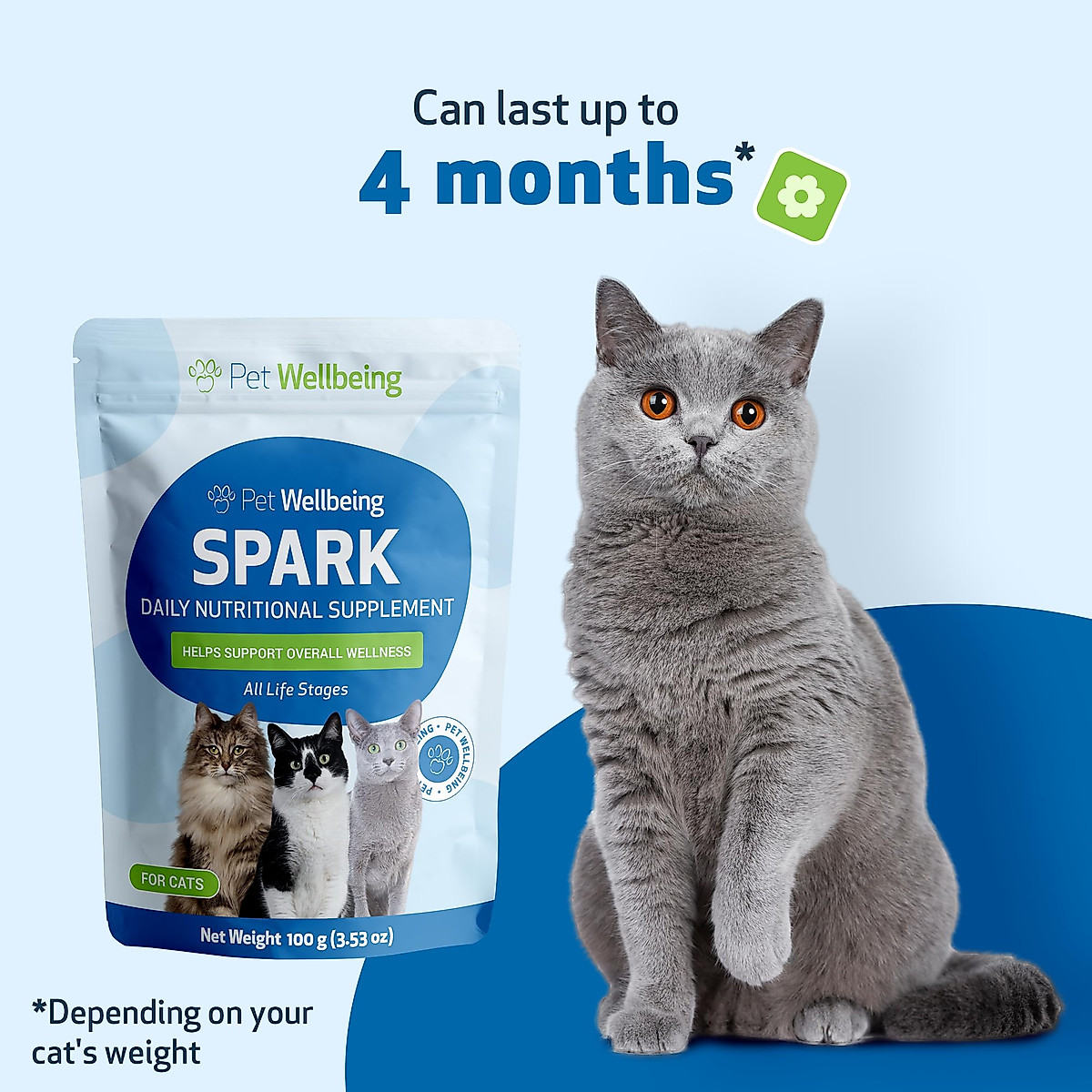Pet Wellbeing Spark Daily Nutritional Greens Superfood for Cats - Probiotics, Prebiotics, Digestive Enzymes, Amino Acids, Antioxidants, Vitamin D, Spirulina - Veterinarian-Formulated 3.53 oz (100 g)