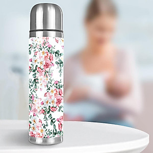 Stainless Steel Leather Vacuum Insulated Mug Flowers Thermos Water Bottle for Hot and Cold Drinks Kids Adults 16 Oz