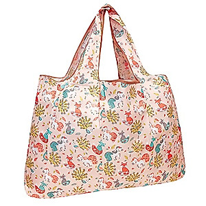 Bowbear Foldable Nylon Reusable Shopping Grocery Bag, Foxes Unicorns & Peacocks