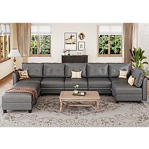 LLappuil Modular Sectional Sofa with Reversible Chaise, U Shaped Couch with Storage, Modern Faux Leather Fabric Sofa with Ottoman, Oversized Sectionals for Living Room, 8 Seat, Dark Grey