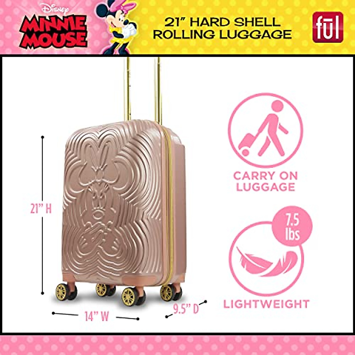 FUL Disney Minnie Mouse 21 Inch Rolling Luggage, Molded Hardshell Carry On Suitcase with Wheels, Rose Gold (FCFL0104-661)