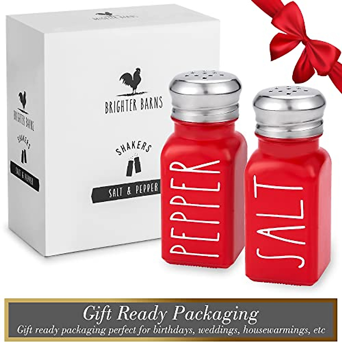 Red Salt and Pepper Shakers Set by Brighter Barns - Farmhouse Red Kitchen Decor and Accessories for Home Restaurants Weddings - Cute Modern Glass Christmas Red Shaker Sets & Stainless Steel Lid (Red)