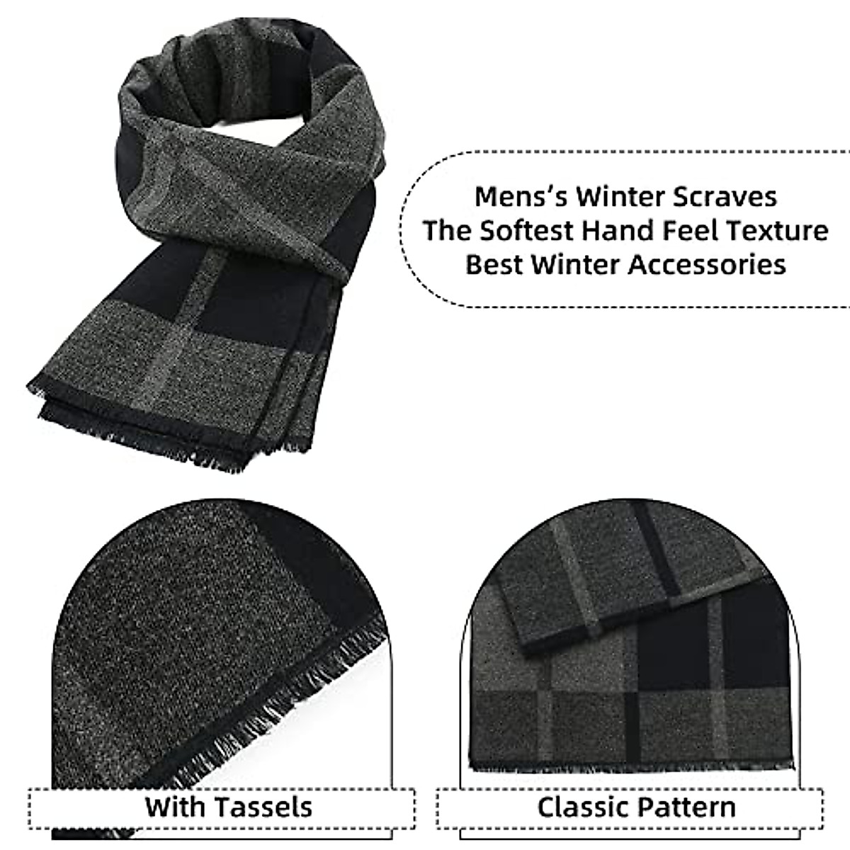 Zando Winter Scarf Cashmere Scarf Buffalo Plaid Scarf Christmas Scarves Men's Cold Weather Scarves Neck Scarf for Men Black Scarf Wool Scarf Warm Scarf