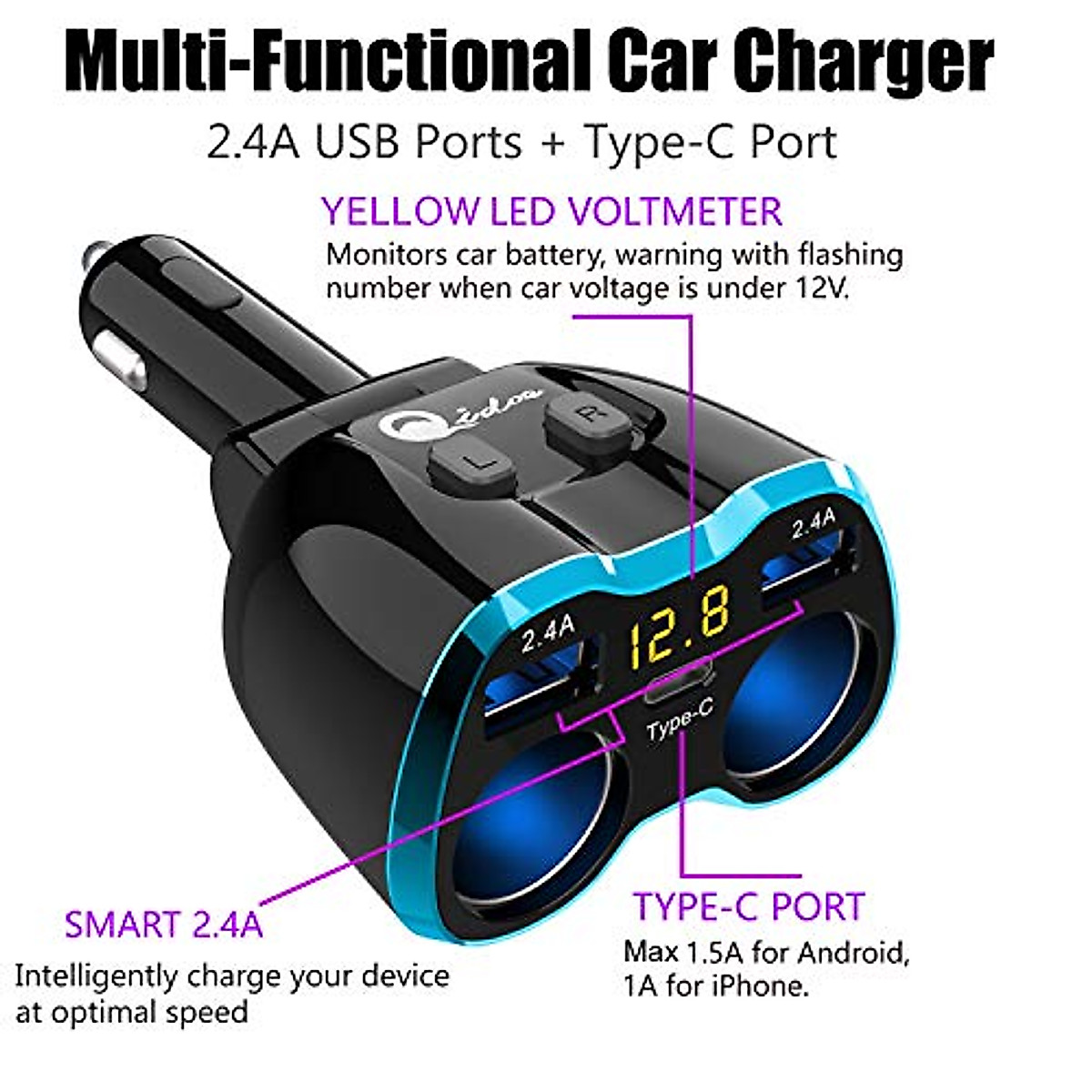 USB C Car Charger, Cigarette Lighter Splitter Adapter 2 Socket Type C Multi Power Outlet 12V/24V 80W DC with LED Voltmeter Switch 5.8A Dual USB Port for Mobile Cell Phone GPS Dash Cam