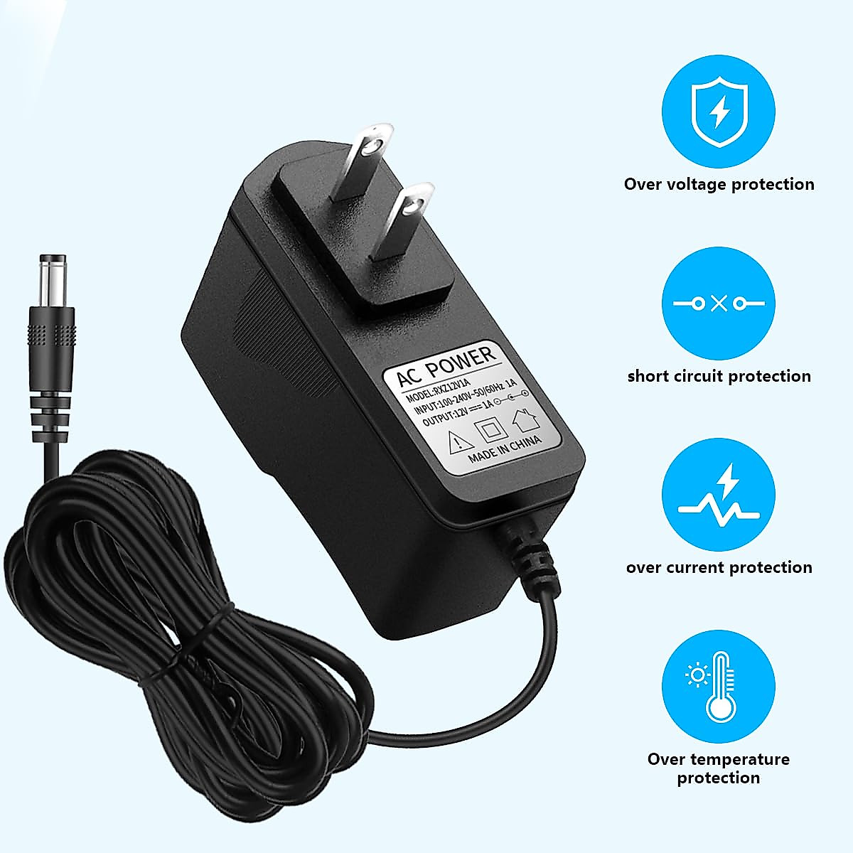OOSSXX 12V1A 100V-240V US AC to DC Power Supply Adapter for CCTV Home Security Camera System 10 Feet Cord Power Supply for Surveillance Camera