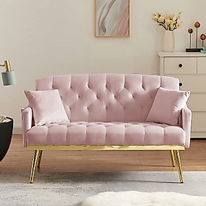 Antetek Upholstered Velvet Loveseat Sofa, Modern Small Sofa Couch with Side Pocket and Golden Metal Legs, Tufted Leisure Sofa for Living Room, Bedroom, Office, Pink