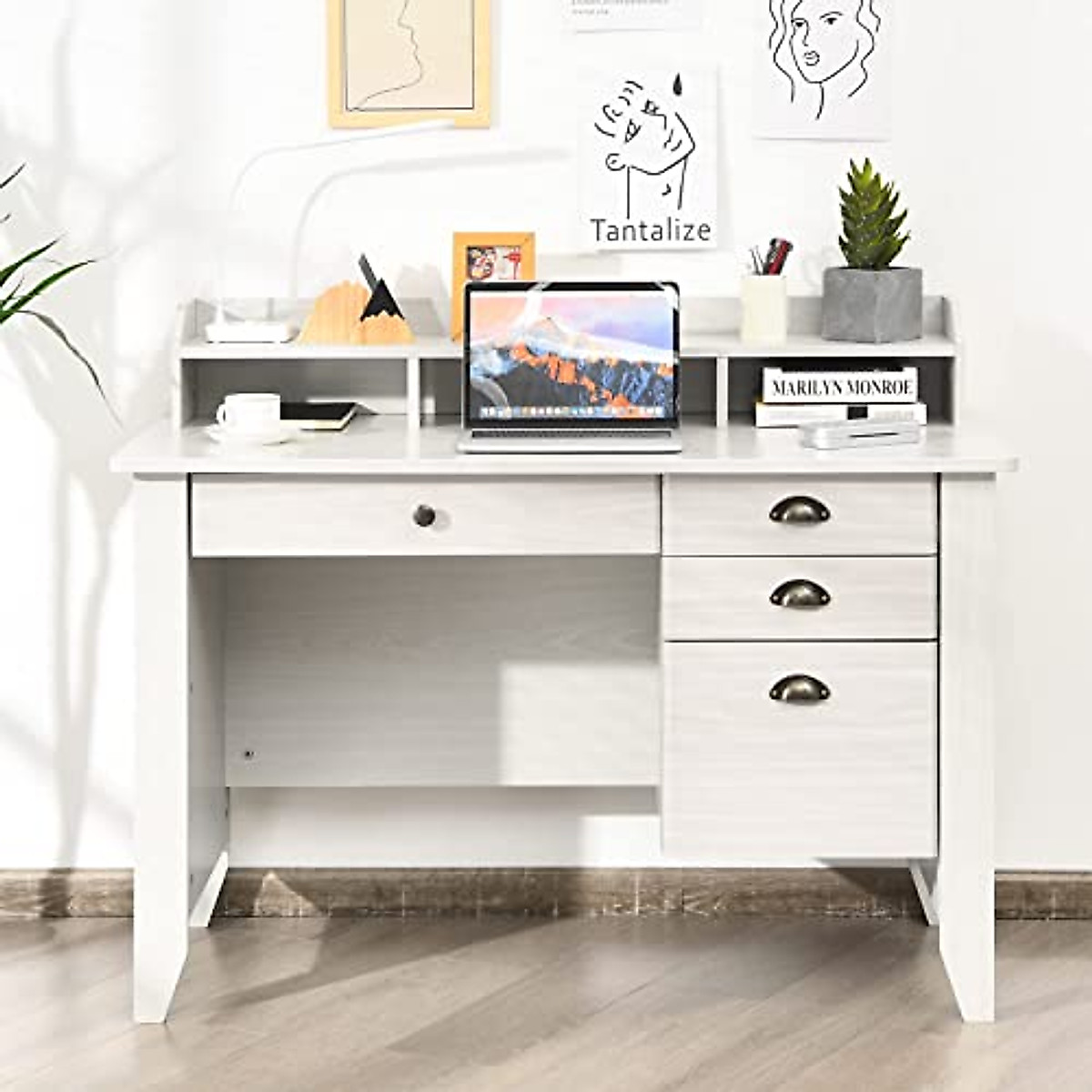 Tangkula White Desk with 4 Storage Drawers & Hutch, Home Office Computer Desk Vintage Desk with Storage Shelves, Wooden Executive Desk Writing Study Desk (White)