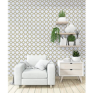 Feisoon 17.7" ｘ118 White and Gold Trellis Wallpaper Peel and Stick Trellis Contact Paper Removable Wallpaper Self Adhesive Wallpaper Modern Trellis Wallpaper for Wall Furniture Decor Vinyl Roll