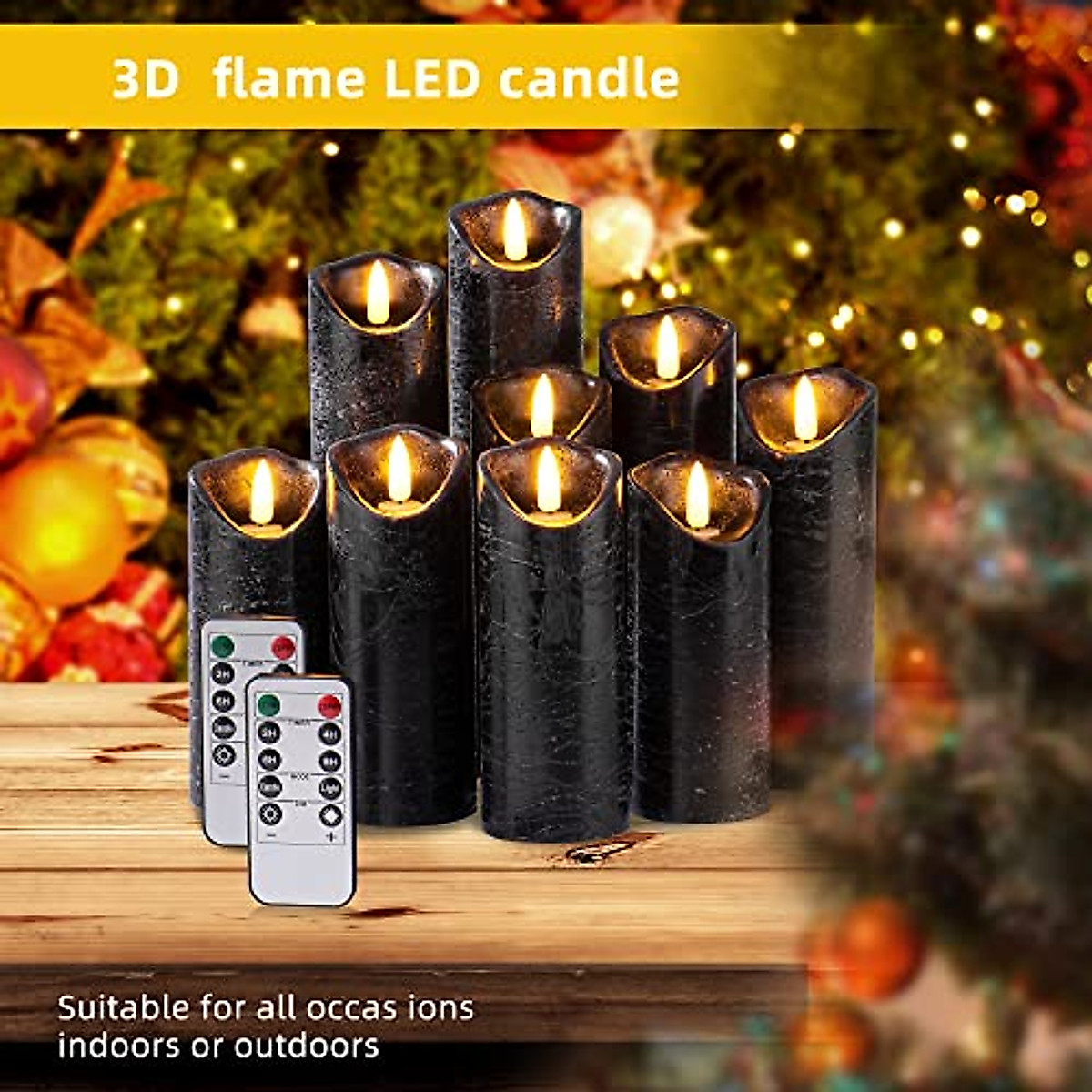 RY King Set of 9 Black Regular Textured Flameless Candles Battery Operated LED Real Wax Electric Candles with Remote Control Timer for Wedding Birthday Halloween Christmas Decorations