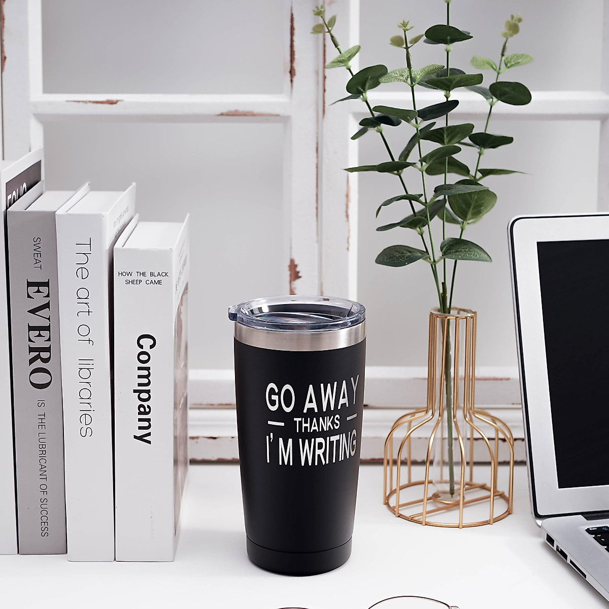 Go Away, Thanks, I'm Writing Tumbler - Writer Gifts for Men & Women, Cool Gifts for Writers Sarcastic Funny Author Novelist Poet Scriptwriter Journalist Coffee Mug, 20oz Engraved Tumbler, Black