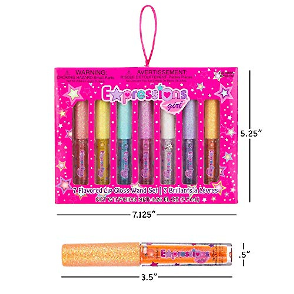 Expressions girl 7pc Fruity Flavored Lip Gloss Set, Long Lasting Glossy Lip Makeup for Kids/Teens - Lip Gloss in Assorted Fruity Flavors, Teen Girls Party Favors, Non Toxic Makeup for Kids