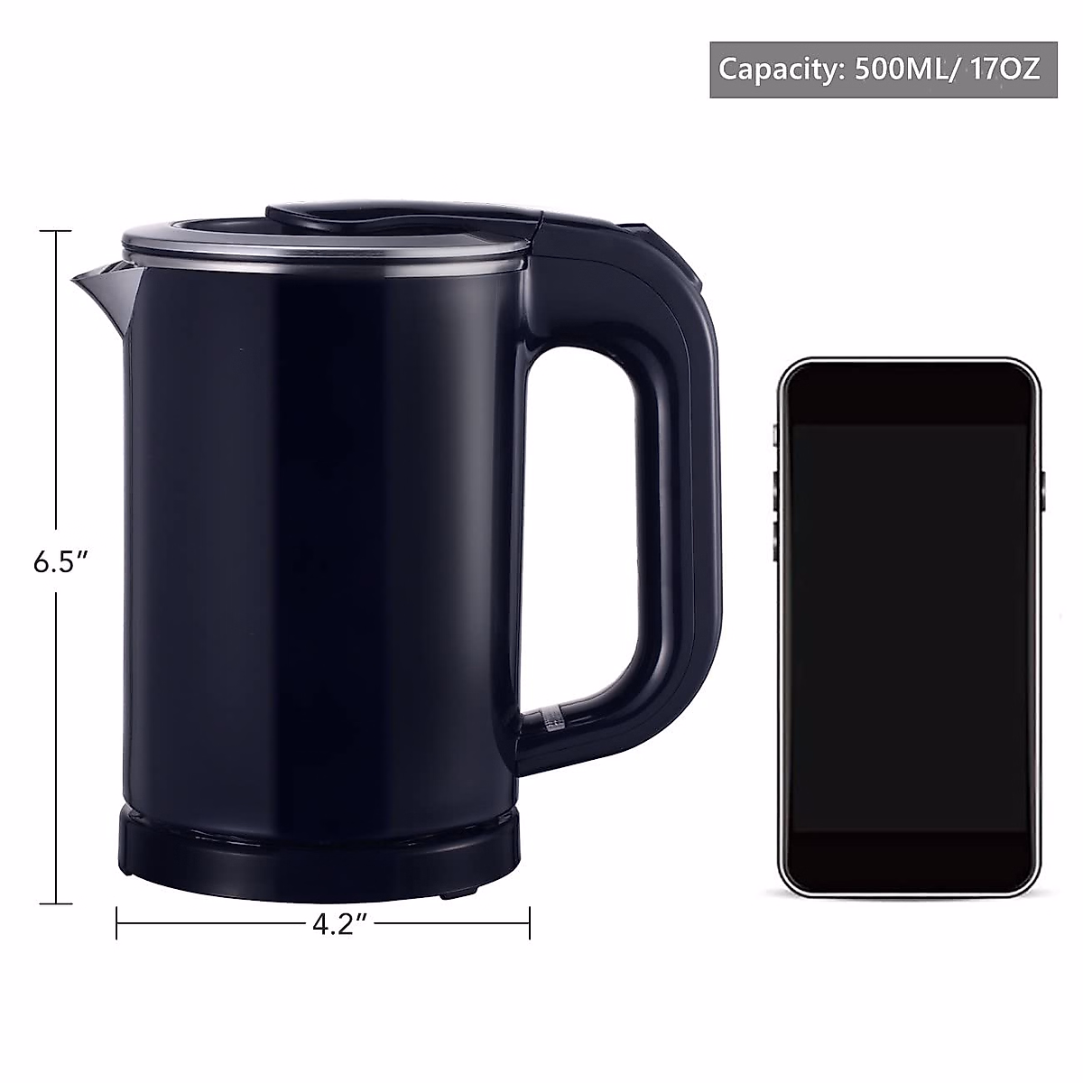 Eglaf 0.5L Small Electric Kettle - Portable Mini Stainless Steel Travel Kettle - Water Touch Inner Surface without Plastic & Cool Touch Outer Surface (Dark blue)