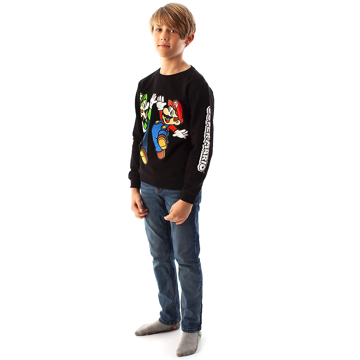 Super Mario Sweatshirt Luigi Character Gamers Black Long Sleeve Kids Boys Jumper 11-12 Years