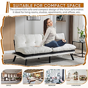 Futon Sofa Bed, Convertible Sleeper Couch Memory Foam Small Splitback Loveseat for Living Room, Upholstered Love Seat with Adjustable Backrest and 6 Metal Legs, Thicker Cushion Version (Creamy White)
