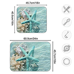 Summer Beach Starfish Absorbent Kitchen Dish Drying Mat Reversible 16"x 18",Seashell Drying Pad Protector for Counter Sinks Dining Table