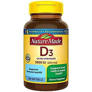 Nature Made Extra Strength Vitamin D3 5000 IU (125 mcg), Dietary Supplement for Bone, Teeth, Muscle and Immune Health Support, 360 Softgels, 360 Day Supply