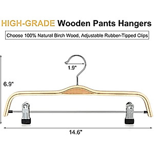 Koobay Hanger Coat Pants Hangers, 30Pack 14" Zara Style Trousers Wooden Clothes Display with Adjustable Clips