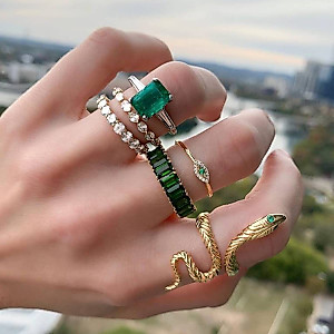 Caiyao 6Pcs Vintage Green Rhinestone Evil Eye Knuckle Joint Band Wrap Snake Finger Ring for Women Retro Jewelry-6Pcs