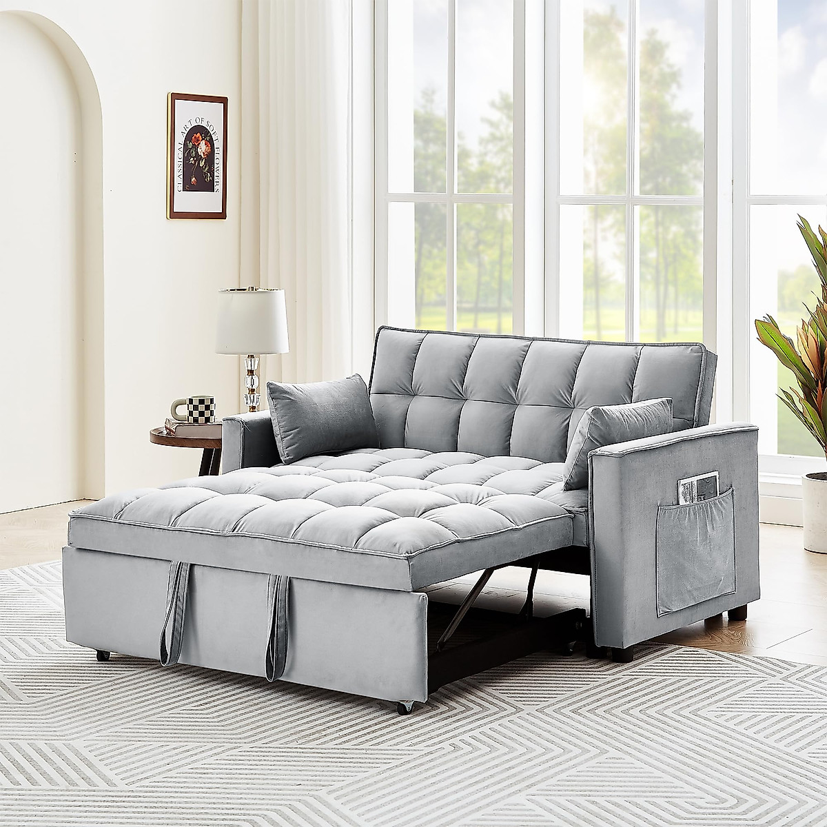 Verfur Velvet Convertible Sleeper Bed Pull, 3 in 1 Multi-Function Folding Lounge Chaise, Modern Tufted Loveseat Sofa & Couches with Adjustable Backrest and Pillow for Living Room Small Place, Gray
