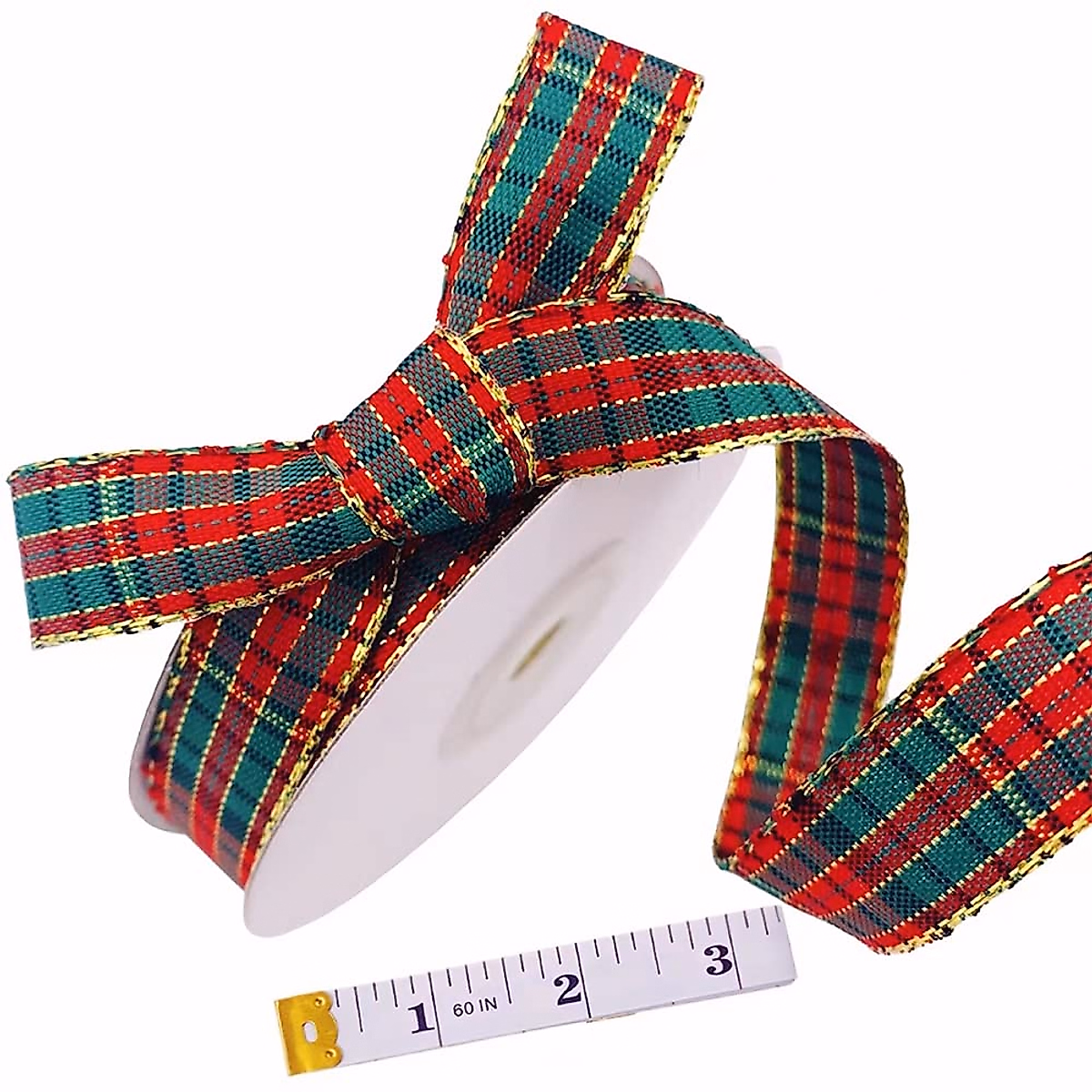 5/8" Christmas Ribbons Xmas Plaid Ribbons Craft Ribbon Checked Ribbon Bows Wrapping Ribbons with Measuring Tape for Christmas Party Decoration (25 Yards)