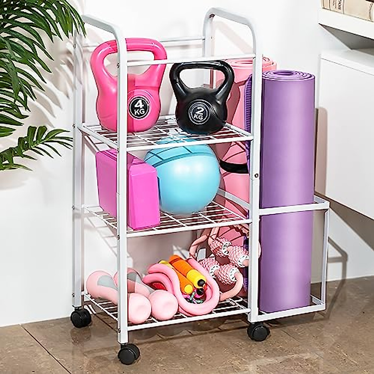 Emfogo Yoga Mat Holder Home Gym Storage Rack Yoga Mat Workout Storage for Foam Roller, Yoga Strap and Resistance Bands, Weight Rack for Dumbbells Workout Equipment Storage Organizer With Wheels