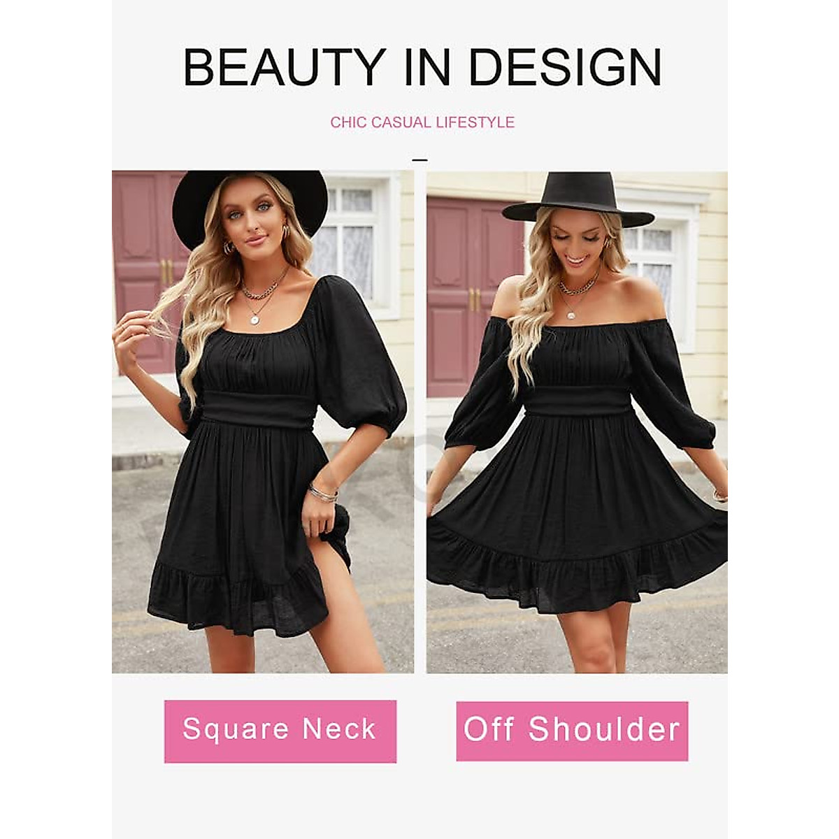 Dokotoo Square Neck Black Dresses for Women Tie Back Sexy Dress Lantern Sleeve Ruffle A-Line Mini Dress Wedding Guest Casual Summer Dresses for Women Medium