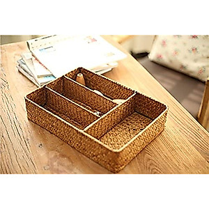 Seagrass Storage Basket with Compartments Utensil Tray for Organization Silverware Flatware Rectangular Shelf Baskets with 4 Sections