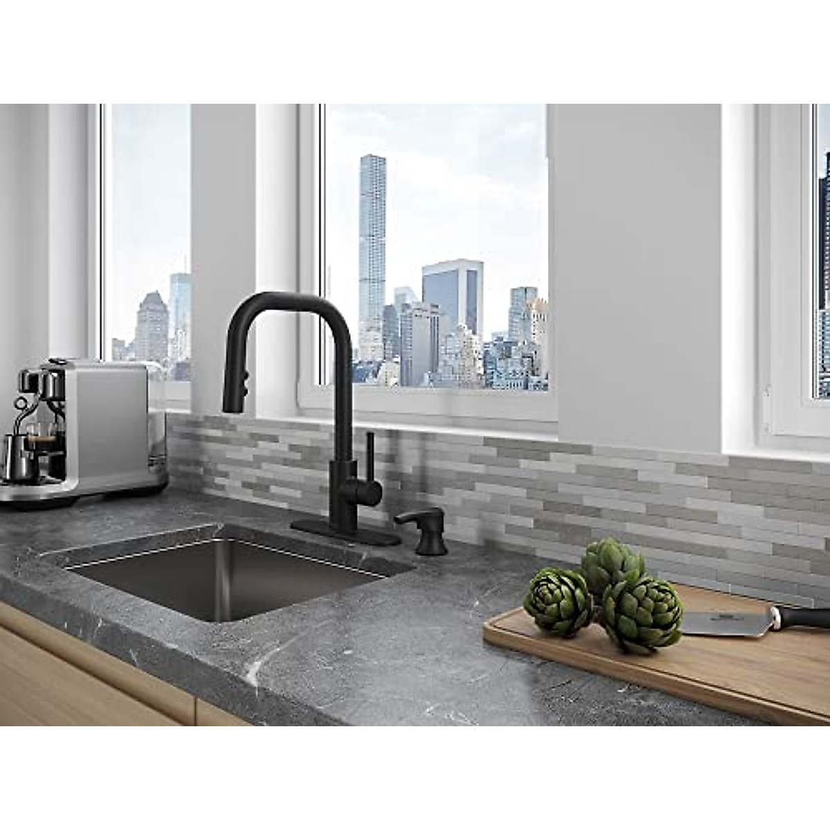Pfister Zanna Kitchen Faucet with Pull Down Sprayer and Soap Dispenser, Single Handle, High Arc, Matte Black Finish, F5297ZNRB