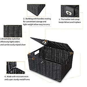 Honygebia Black Wicker Storage Baskets - Set of 3 Decorative Nesting Boxes with Lids, Woven Basket with Lock & Handle, Organizer for Beauty Makeup Bathroom Decor