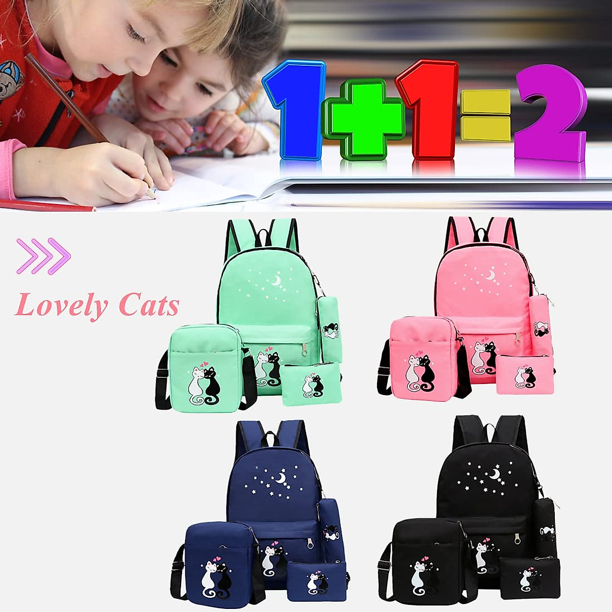 4Pcs Cute Cat Prints Canvas Primary School Bag Rucksack Backpack Set for Girls Elementary Bookbag