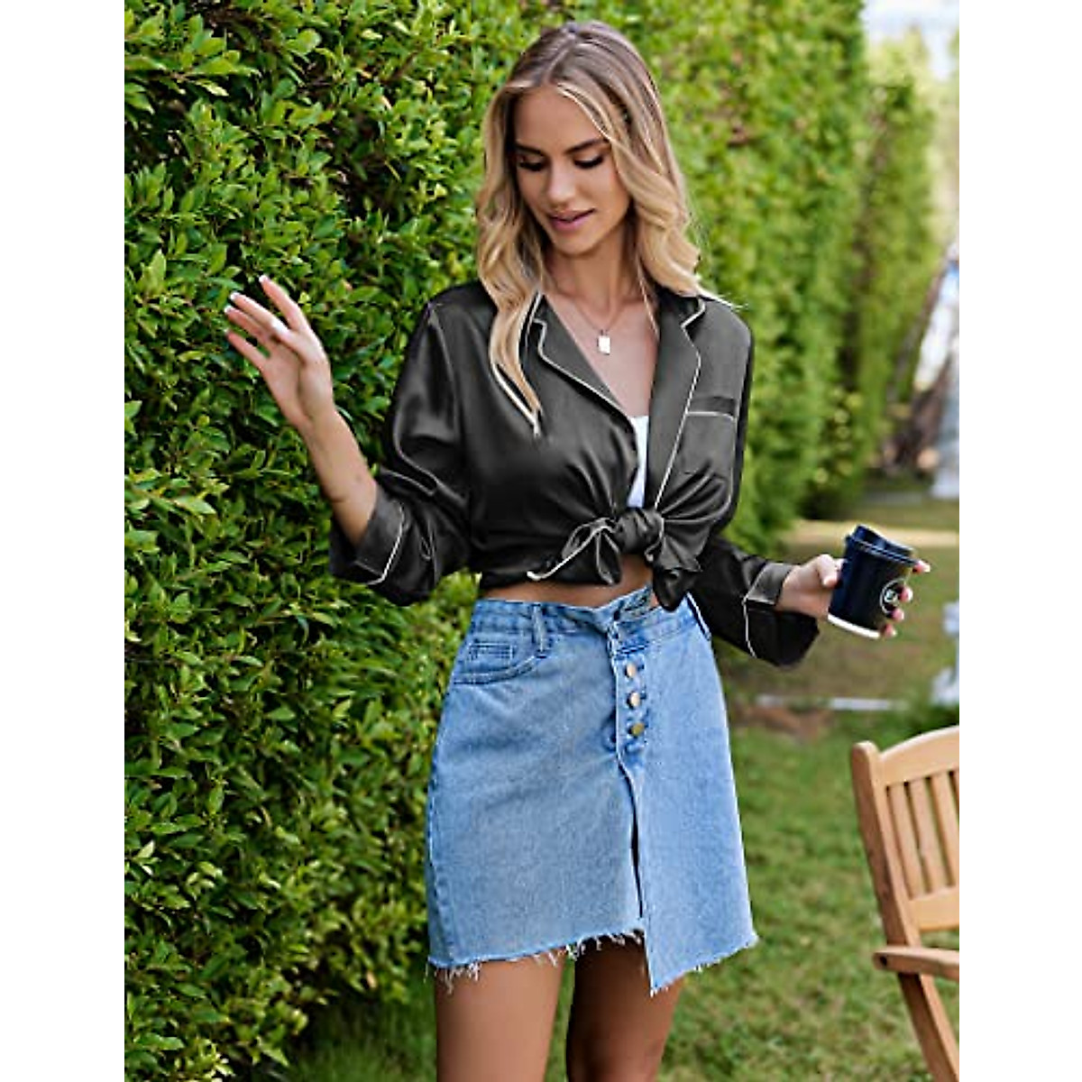 Ekouaer Satin Pajamas Women's Long Sleeve Silk Sleepwear Soft Button Down Loungewear Pjs Set(02 Black,Small)