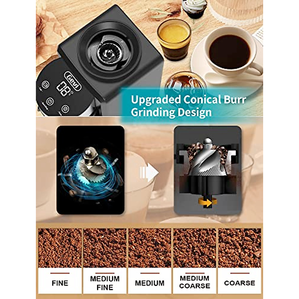 Gevi Burr Coffee Grinder, Adjustable Burr Mill with 35 Precise Grind Settings, Electric Coffee Grinder for Espresso/Drip/Percolator/French Press/American/Turkish Coffee Makers, 120V/200W, Black