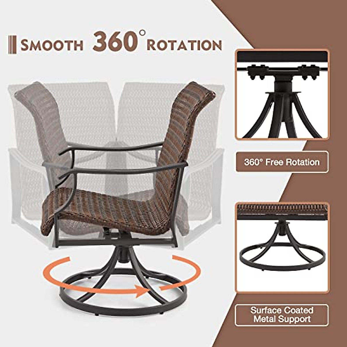 EROMMY Patio Wicker Swivel Chair Set of 2, Heavy Duty Outdoor Dining Chair with 23.5'' High Back, Extra-Large Water-Fall Seat, Rattan Porch Chair Gentle Rocker for Outside, Garden, Backyard, 2 PCS