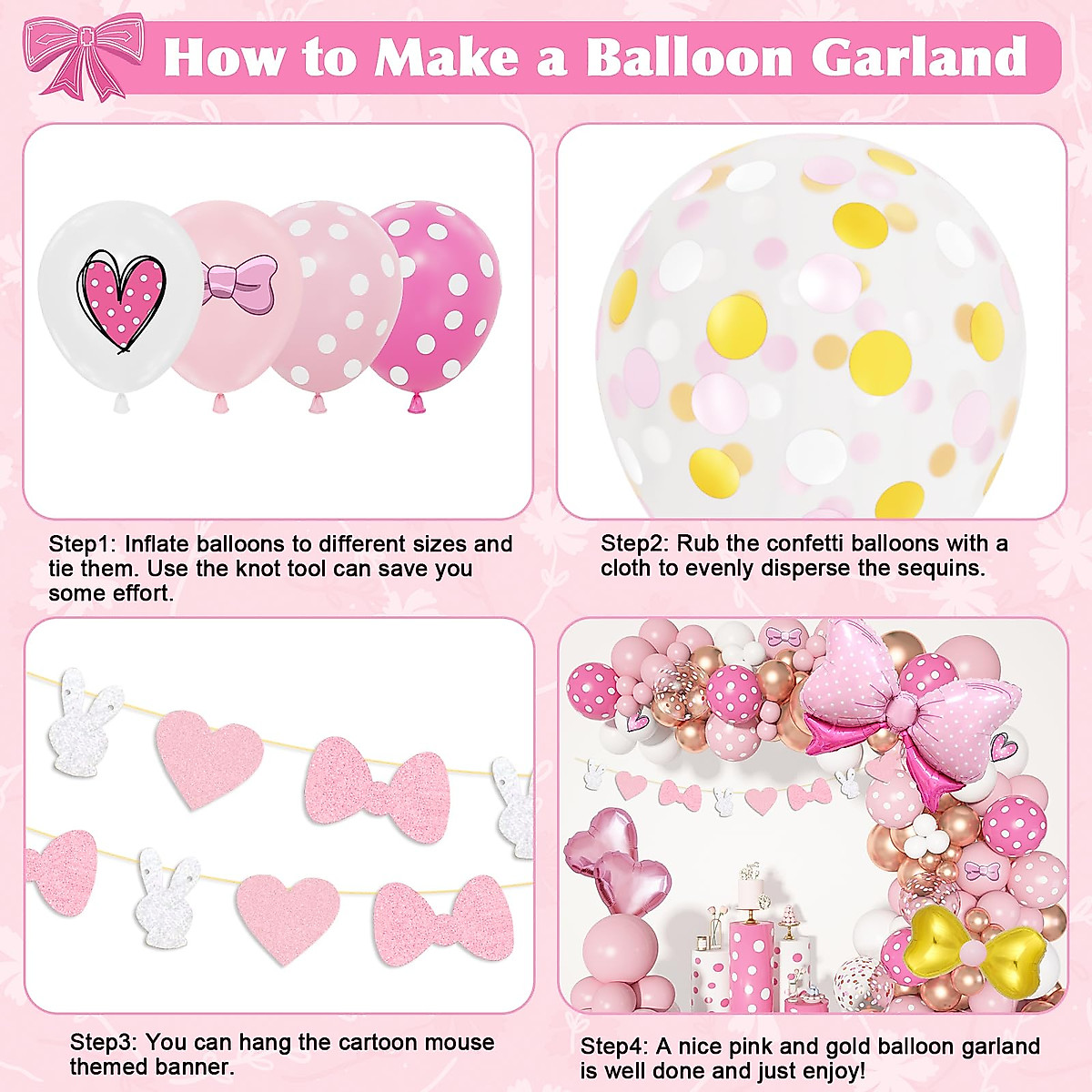 Pink Mouse Balloon Arch Kit for Cartoon Mouse Birthday Party Decorations for 1st 2nd 3rd Girls Kids, Pink Gold Rose Red Bow Heart Foil Balloons Banner for Baby Shower Oh Twodles Party Supplies