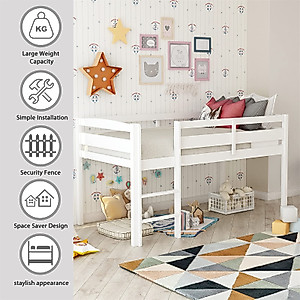 Bellemve Low Loft Bed Twin Size Wooden Loft Bed Frame with Ladder for Kids Girls Boys Teens, White