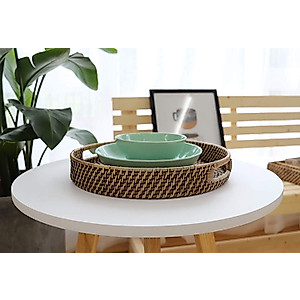 13.8 inch Rattan Tray, Round Wicker Tray with Cut-Out Handles, Woven Serving Tray for Dining / Coffee Table