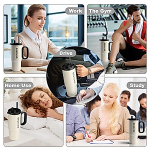 Essovee 26 oz Tumbler with Handle and Straw, Frosted Texture Insulated Stainless Steel Water Bottle with Lid, Keeps Cold/Hot Travel Coffee Mug with Straw Cover for Home Travel Office Use(White)